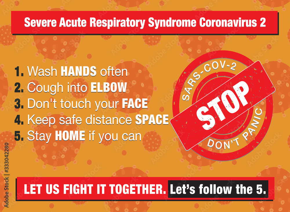 Bright, colorful banner/poster for SARS-COV-2, follow the simple five ...