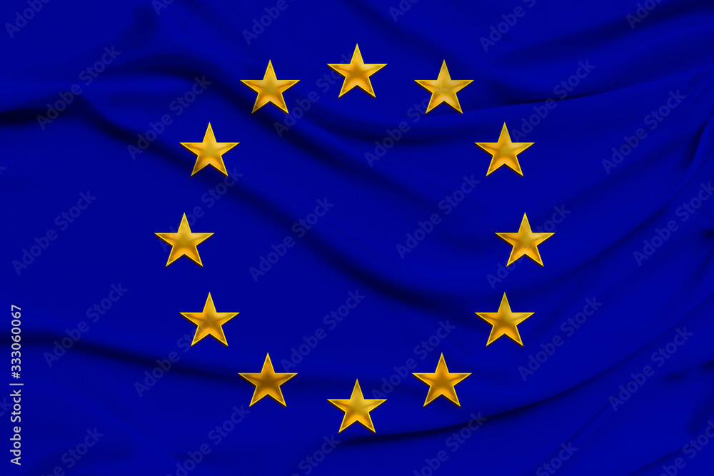 stylized European Union flag, symbol of united Europe on soft silk with ...