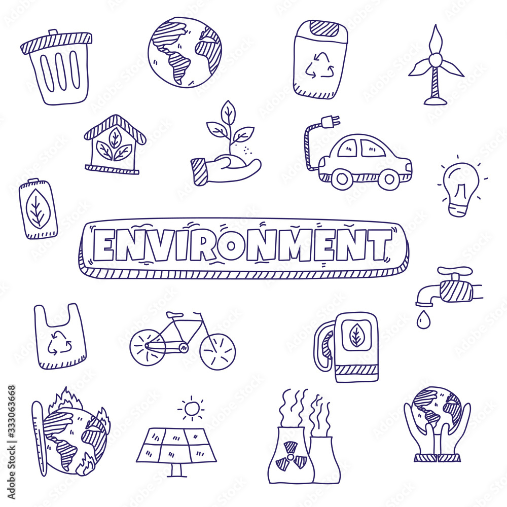 Environment doodles vector collection in cute hand drawn style isolated ...