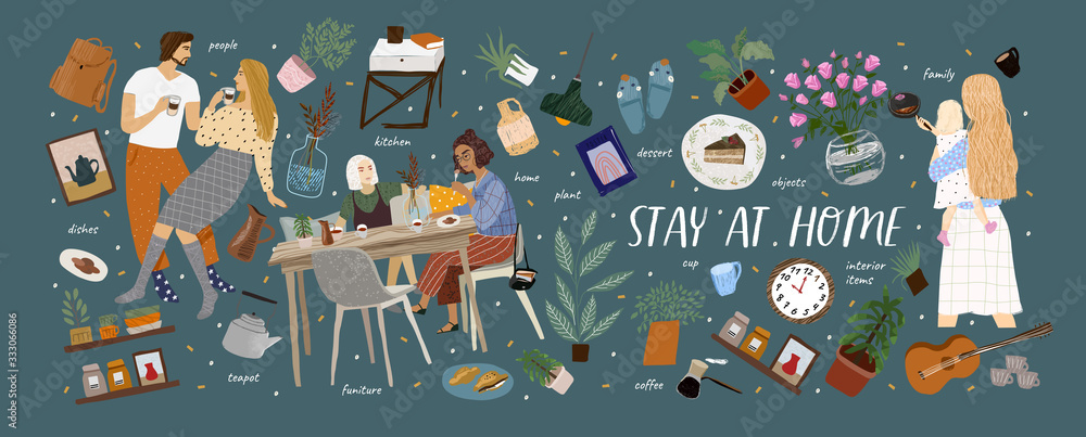 Stay at home! Vector cute illustration of Coronavirus quarantine, self ...