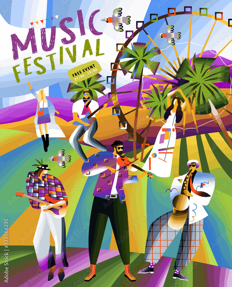 Music festival! Vector cute illustration of live music festival ...