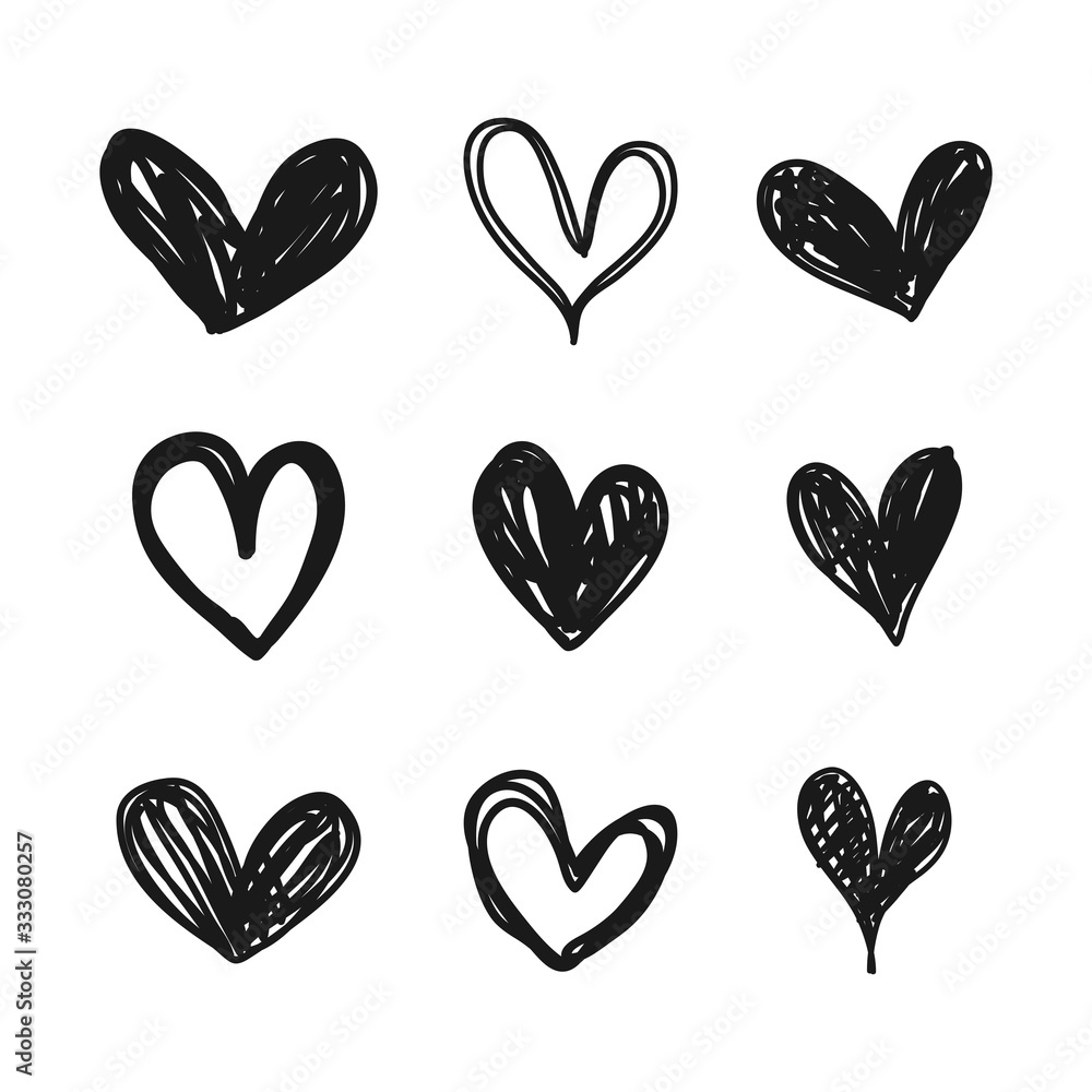 Set of hand-drawn black hearts. Doodle heart. Vector illustration ...