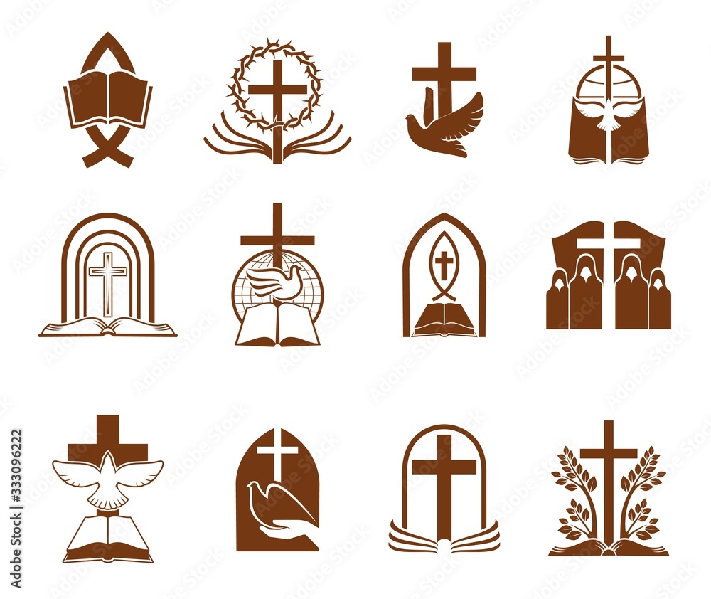 Christian religion vector icons with crosses, bibles and doves of God ...