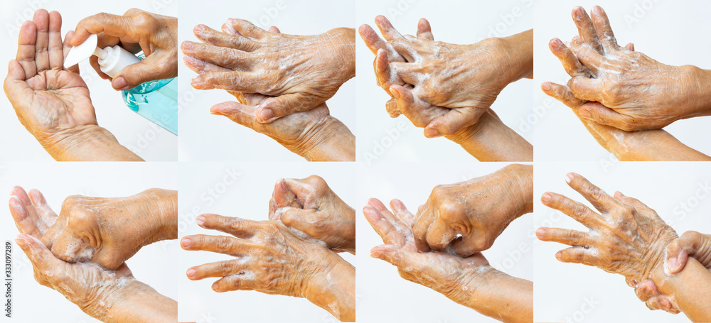 Senior woman's hands washing her hands using soap foam step in step on ...