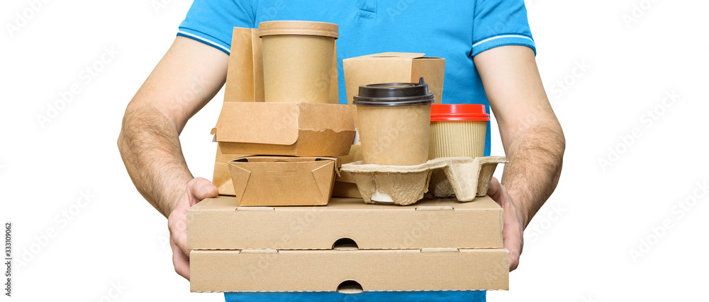 Fast food delivery. Delivery man is carrying diverse of paper ...