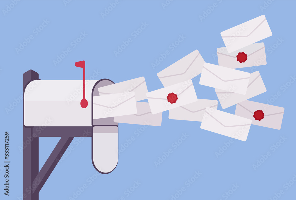 Mailbox post full of letters and spam information. Email bombing ...