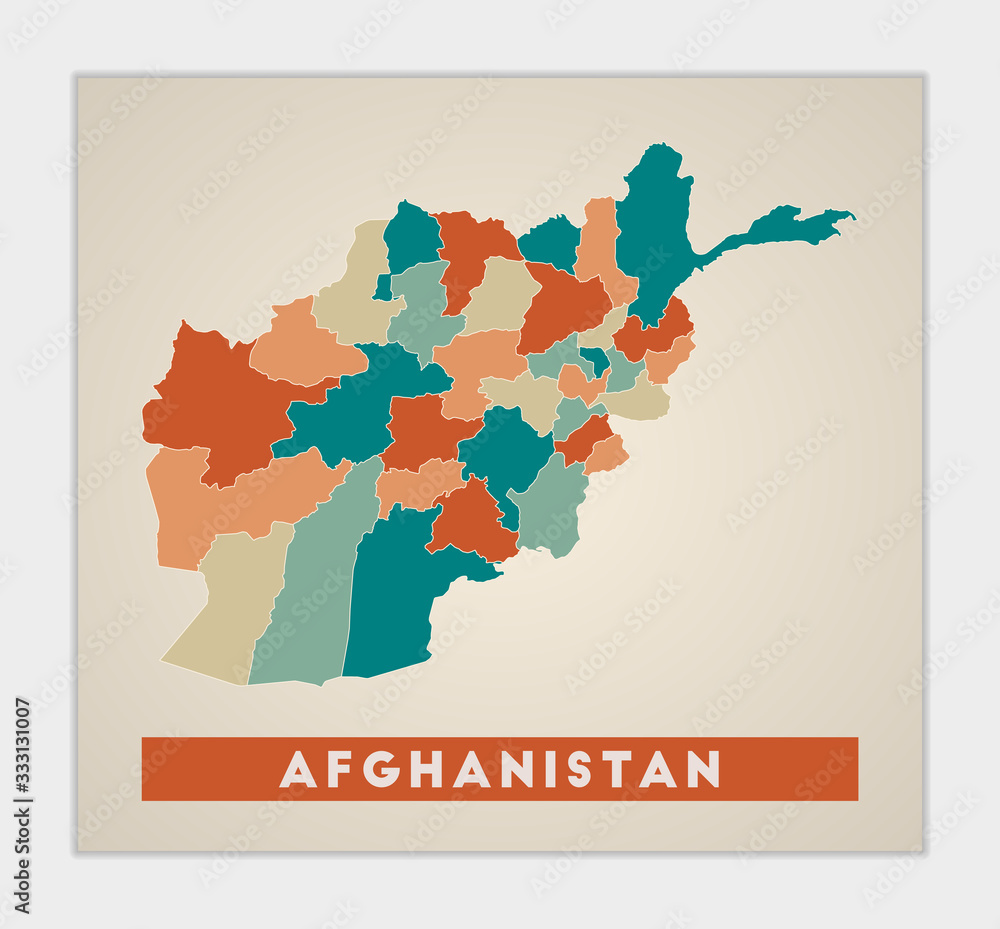 Afghanistan poster. Map of the country with colorful regions. Shape of ...