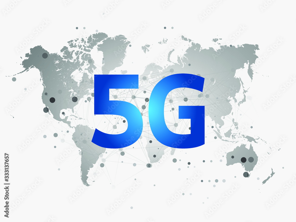 Vector of 5G Network logo over world map and wireframe mesh - High ...
