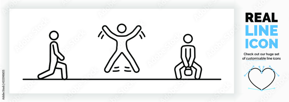 Editable real line icon of a stick figure person staying fit at home by ...