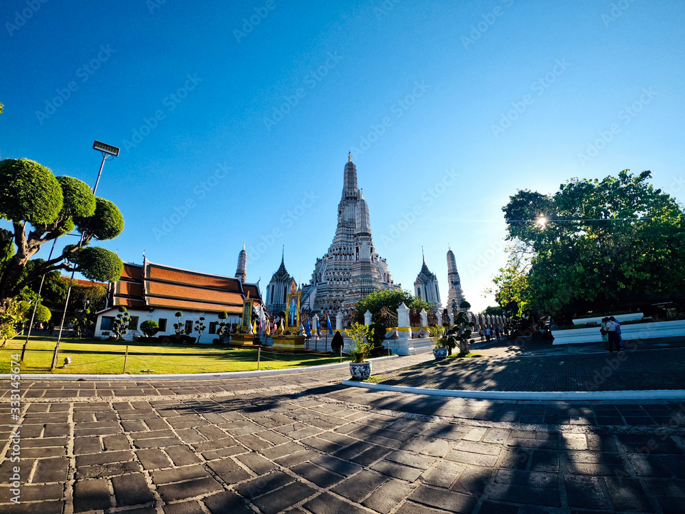 Wat Arun Panorama view with blue sky in Bangok Thailand - Architecture ...