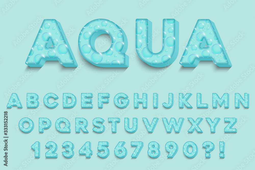 Modern 3D aqua Alphabet Letters, Numbers and Symbols. Fresh Typography ...