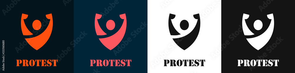 Set of logos of protest. Fist stretched up. Badges of the revolution ...
