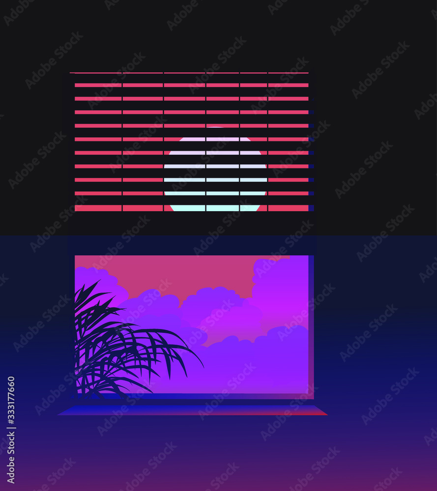 Dark ambient room. The window overlooks the landscape with sunset above ...
