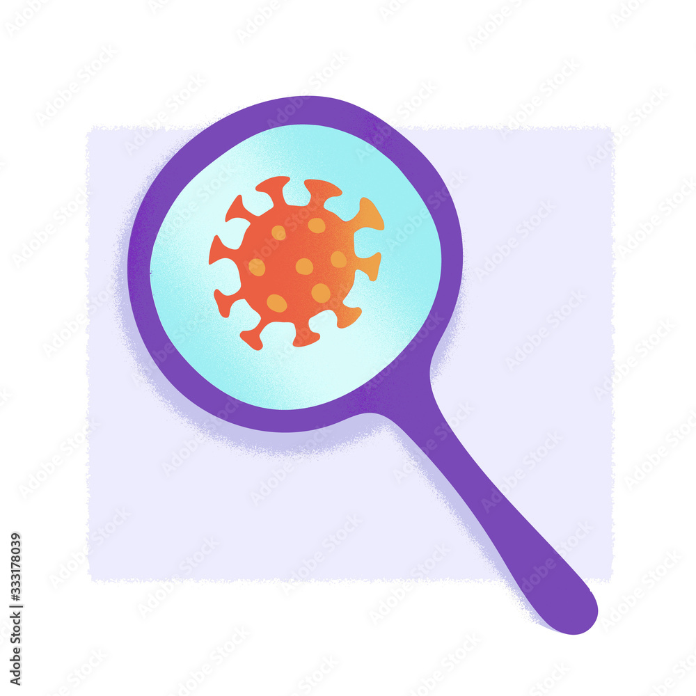 Vector semi flat illustration of microbe under a magnifying glass. Germ ...