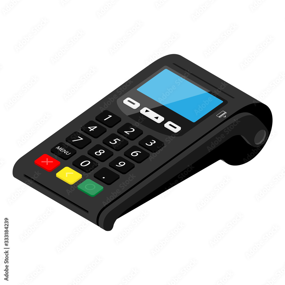 POS Terminal payment machine isolated on white background. Bank Payment Terminal. Processing NFC ...