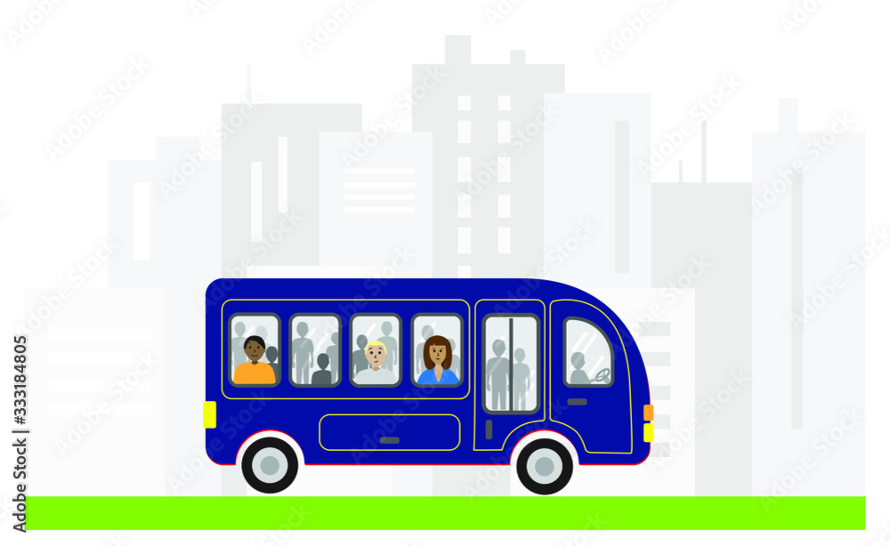Avoid Public Transport concept. Crowded passenger bus. Man uses ...
