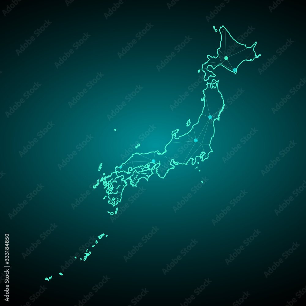 Map of Japan. Wire frame 3D mesh polygonal network line, design sphere ...