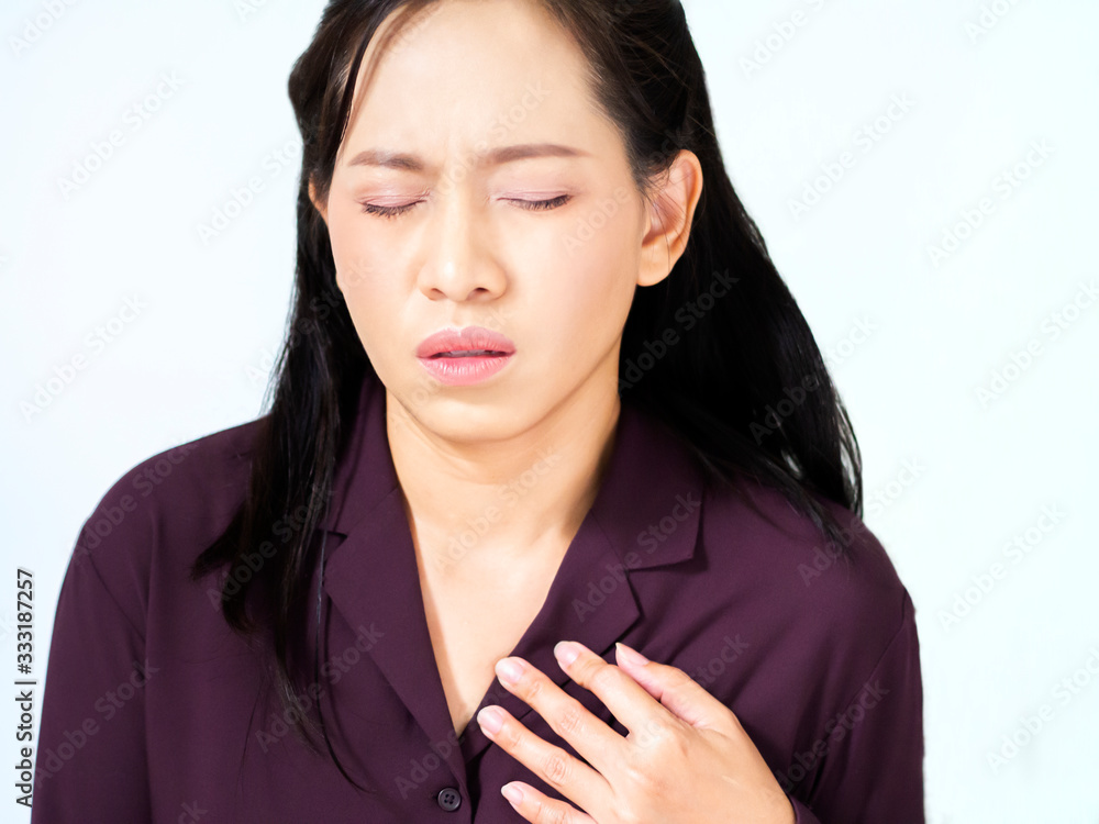 Asian business woman has dark brown long hair, wear violet official ...