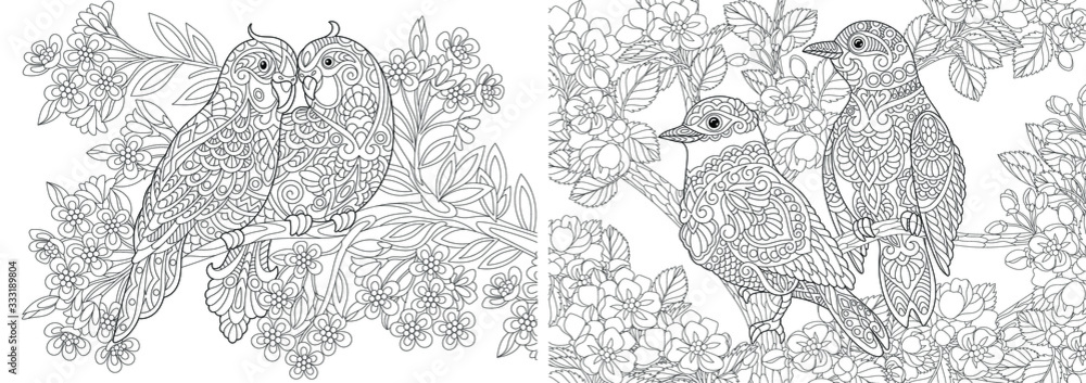 Coloring pages. Couple of lovely birds in floral garden. Stock Vector ...