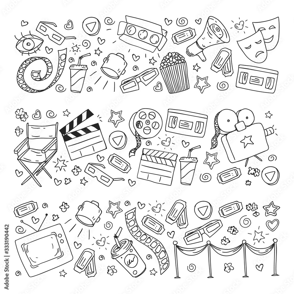 Coloring page. Online internet cinema pattern with vector icons for ...