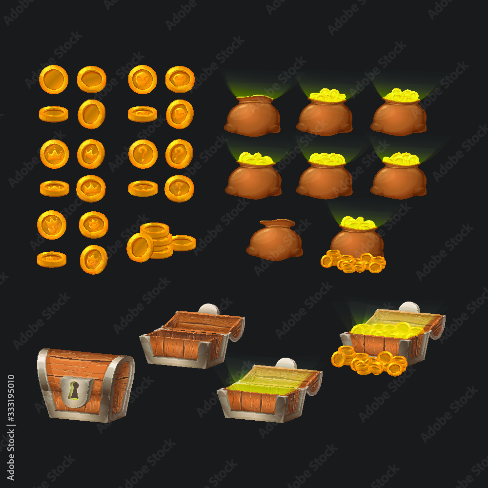 Set of treasure icons for games, different coins, bags and variations ...