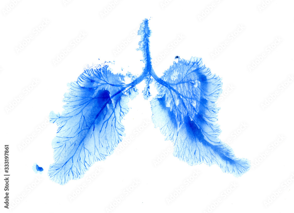 Watercolor illustration. Print in watercolor with drawing. Blue. Lungs ...
