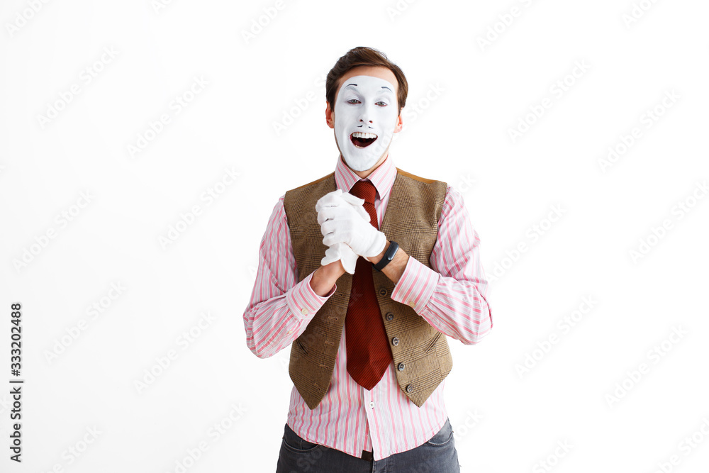 Portrait of man, actor, pantomime, man making gesture of happiness and ...