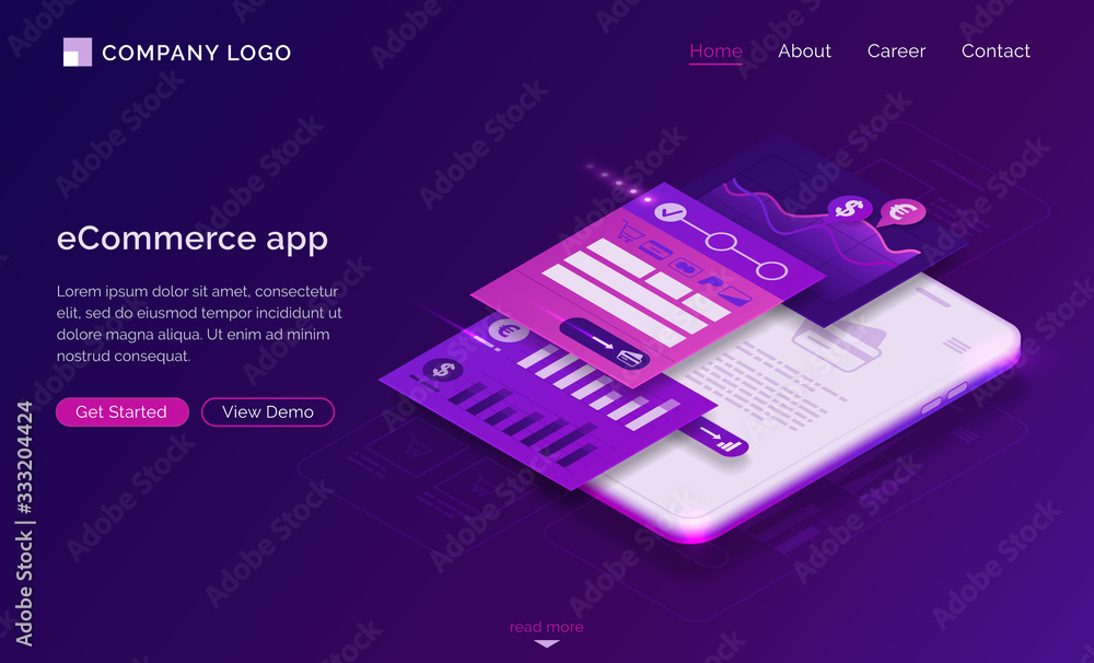 ECommerce app banner. Mobile payment concept. Vector landing page of ...