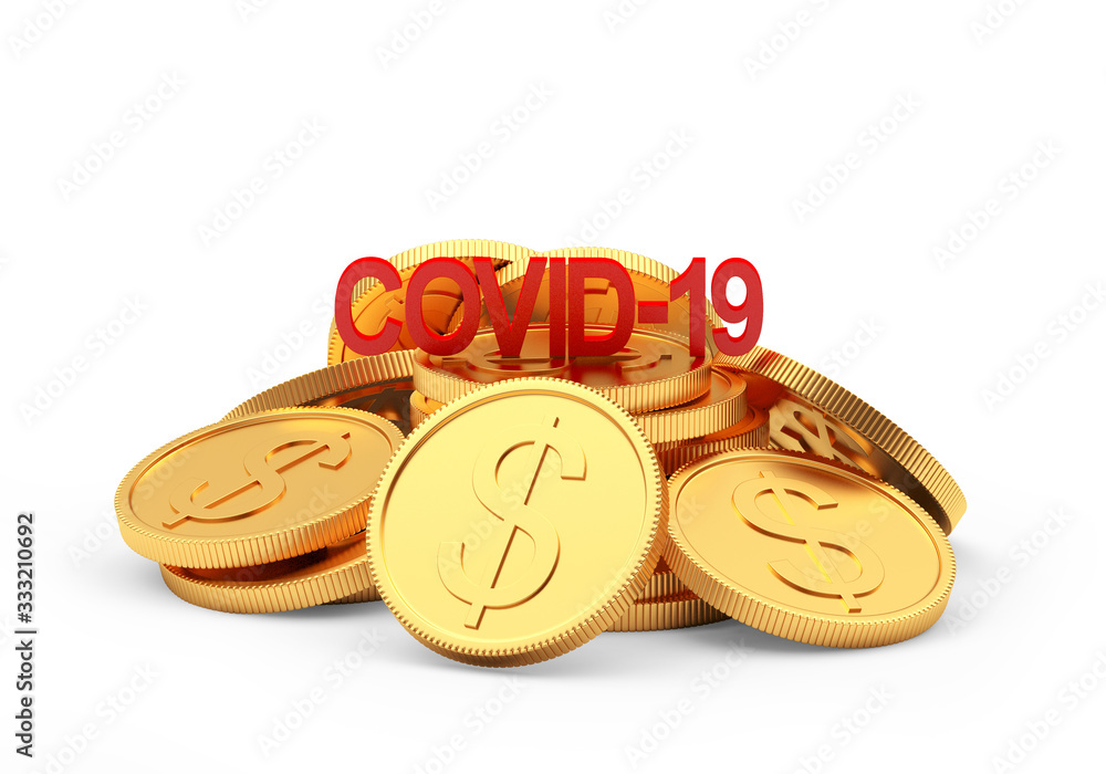 Red Covid-19 coronavirus symbol on a pile of gold coins with a dollar ...