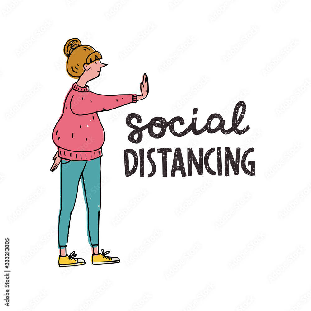 Social Distancing lettering inscription. Hand drawn cartoon character ...