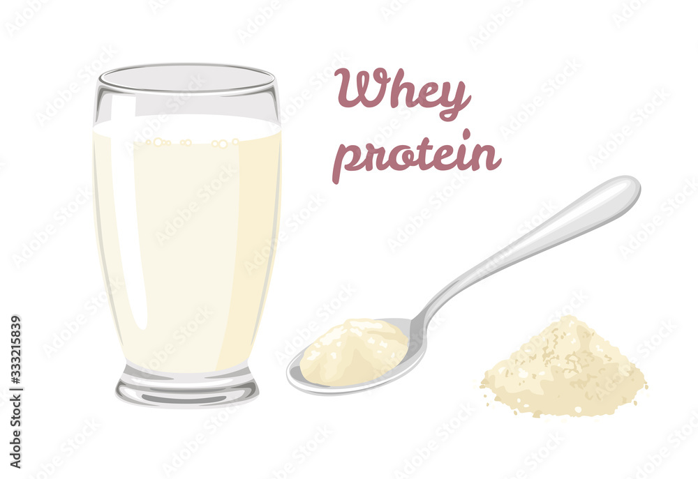 Whey protein powder in spoon isolated on white background. Drink with ...