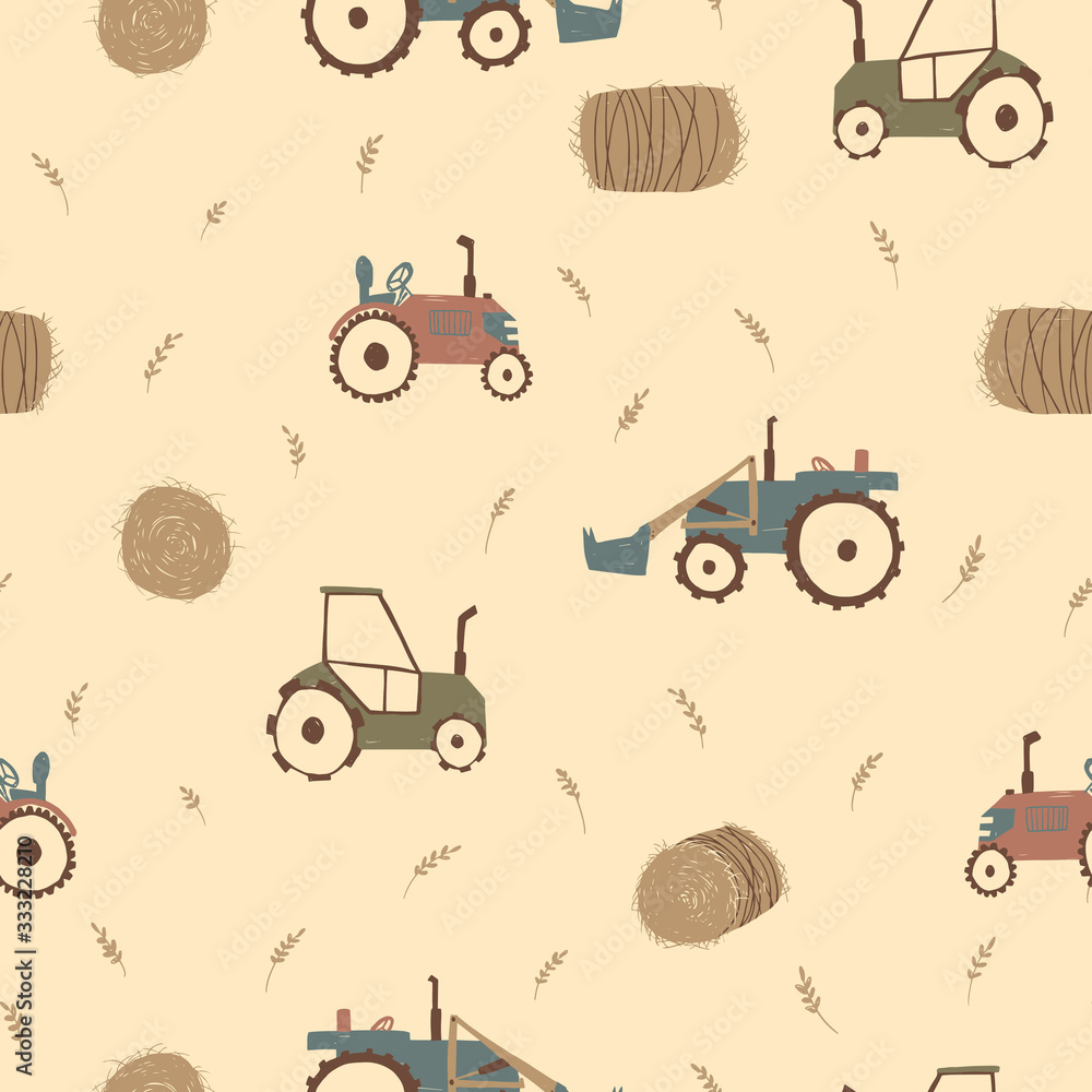 Tractor and haystack vector seamless pattern. Cute farm pattern for ...
