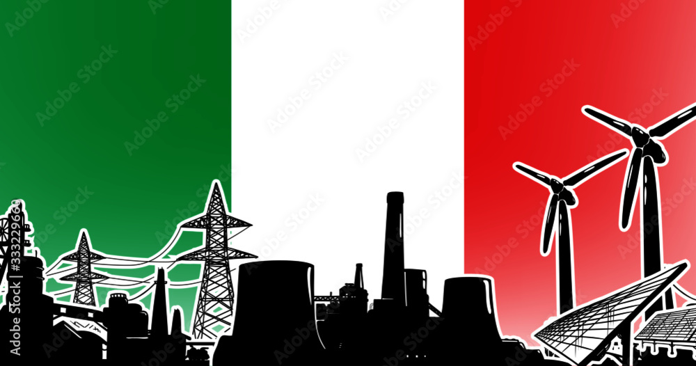 Italy energy production vector with sun power, wind generators, atomic ...