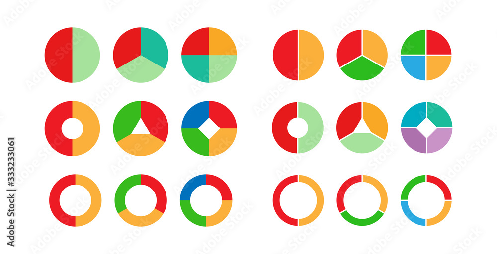 set of colored pie charts for 2, 3, 4 steps or sections to illustrate a ...