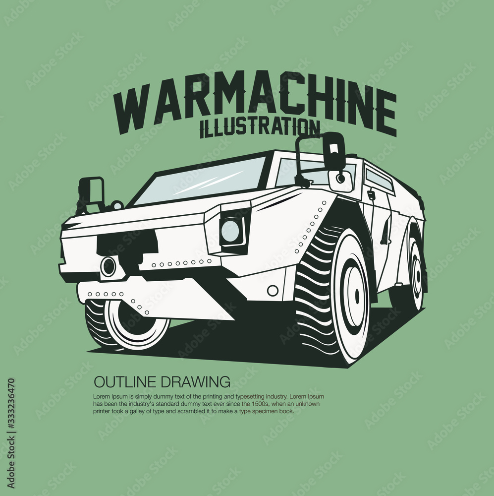 War machine and armored vehicle isolated outline drawing vector ...