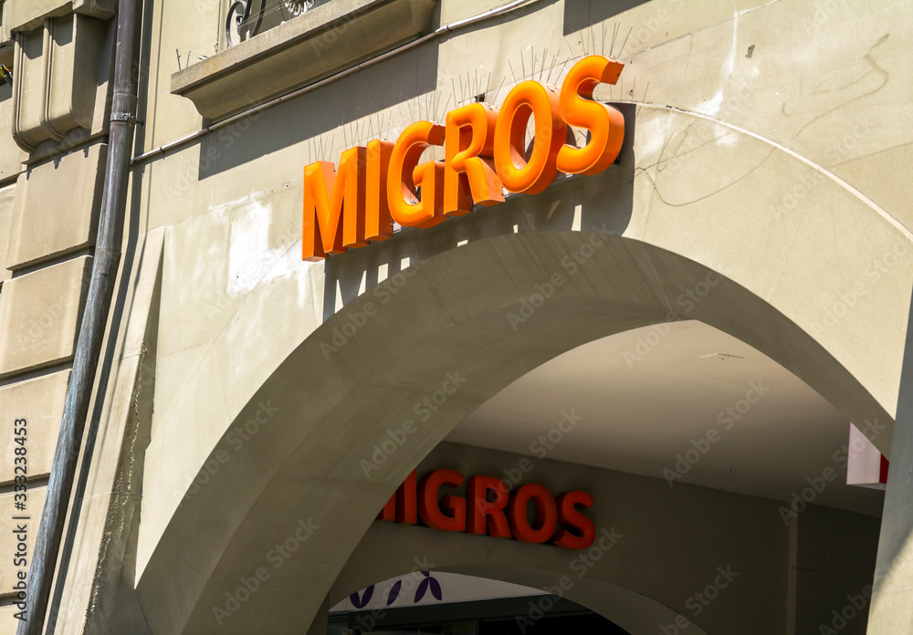 Bern, Switzerland, July 2, 2019 -entrance to Migros supermarket in ...