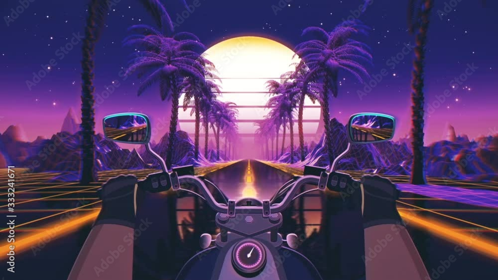 80s retro futuristic sci-fi seamless loop with motorcycle pov. Riding ...