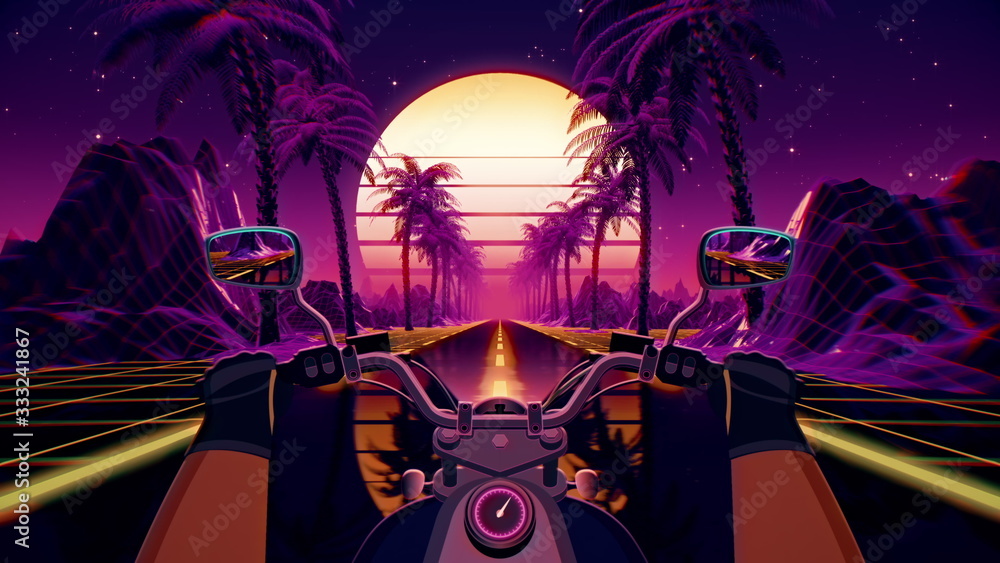 80s retro futuristic sci-fi background with motorcycle pov. Riding in ...