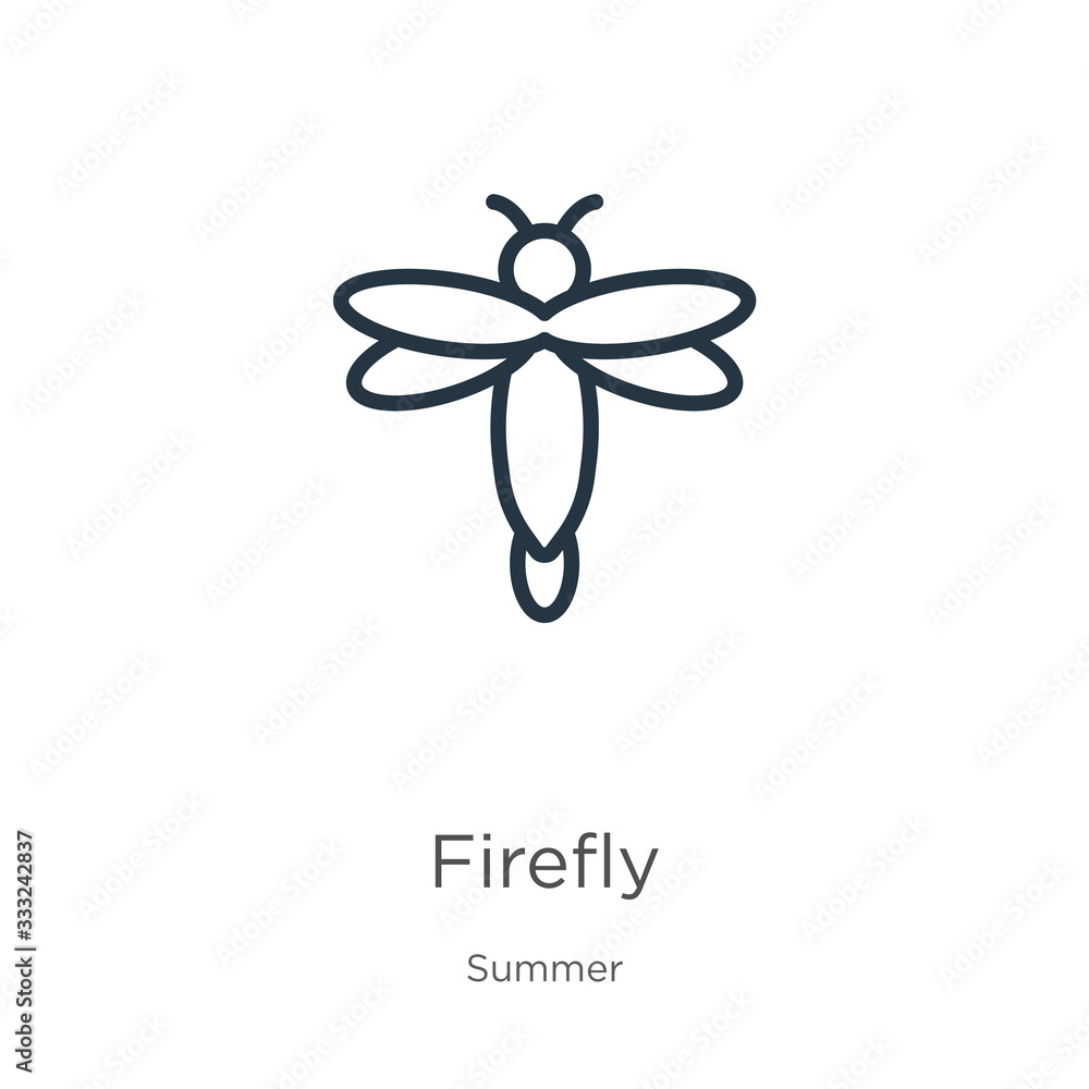 Firefly icon. Thin linear firefly outline icon isolated on white background from summer ...