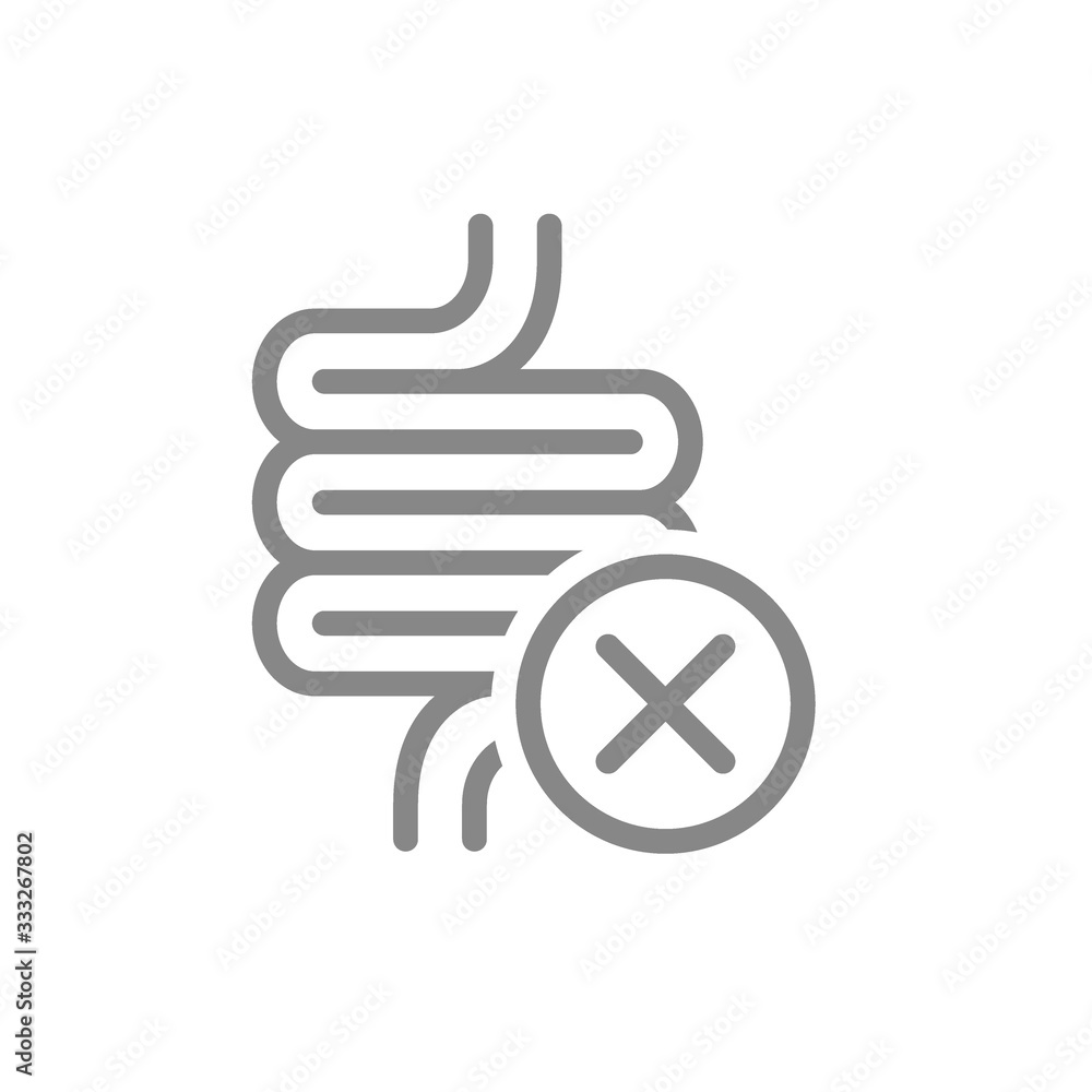 Intestine with cross checkmark line icon. Diseases internal organ ...