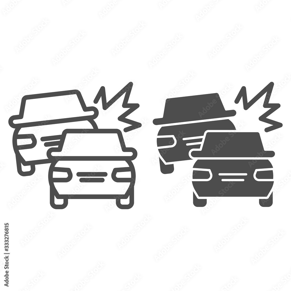 Traffic accident line and solid icon. One car bump another with crash ...