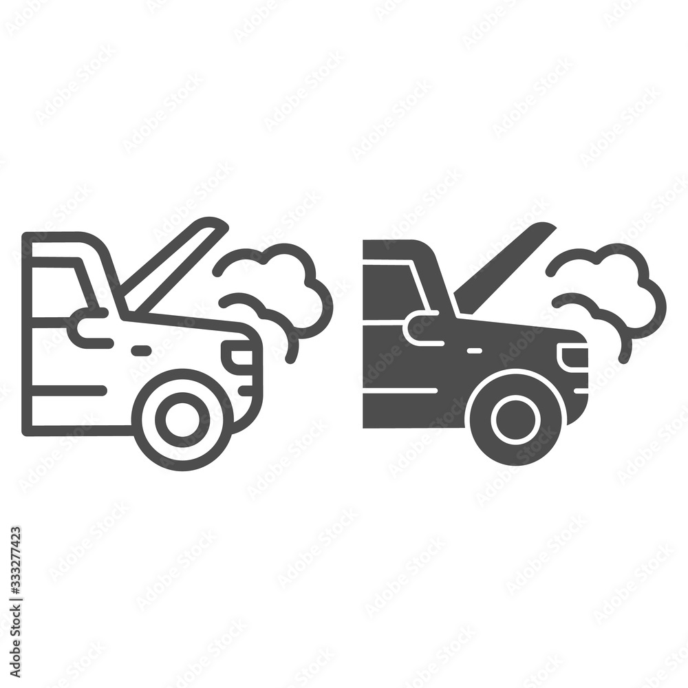 Emergency stop for auto line and solid icon. Broken vehicle with engine ...