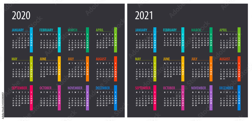 2020 2021 Calendar - illustration. Template. Mock up. Week starts on ...