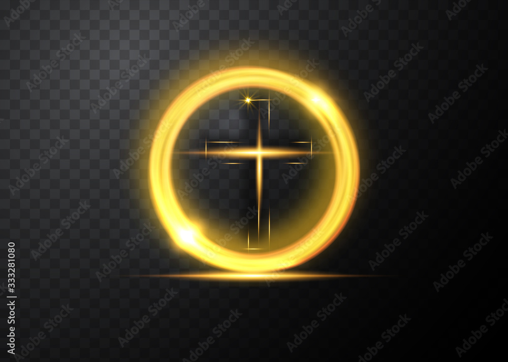 cross of light, shiny Cross with golden round frame symbol of ...