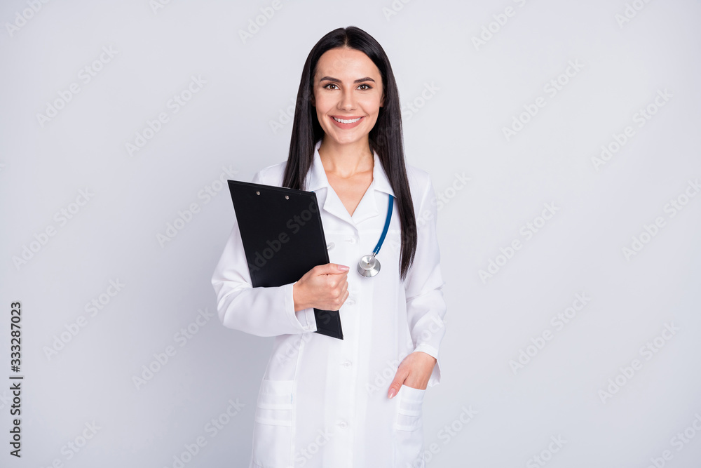 Photo of beautiful cheerful professional practitioner intern lady good ...