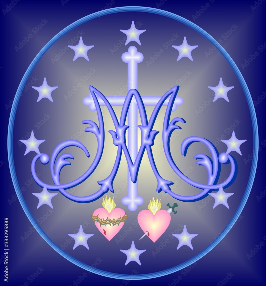 Religious medal of the Immaculate Conception, baroque monogram M, the ...