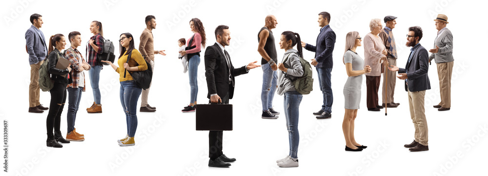 Many different people young and older, talking with eachother Stock ...