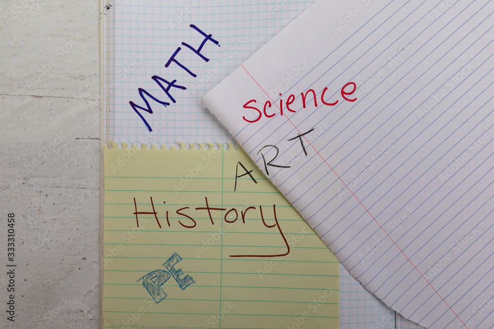 word Math science art history PE hand written on different types of ...