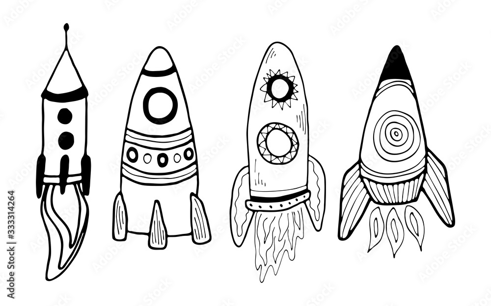 Hand drawn doodles cartoon set of space objects and symbols. Spaceship ...