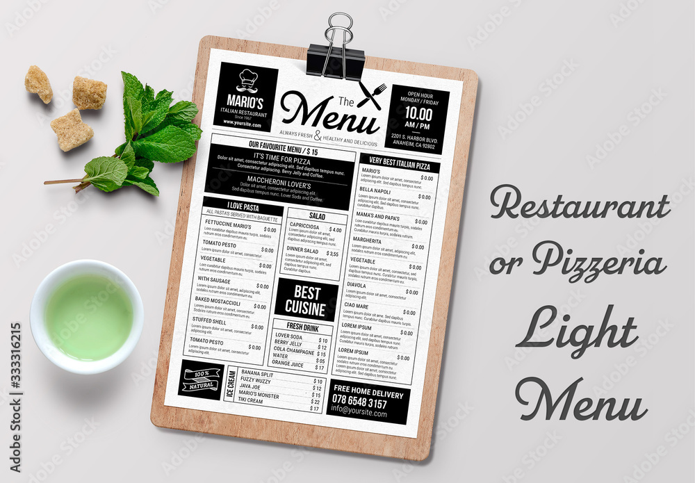 Pizzeria Restaurant Light Menu Layout Stock Template | Adobe Stock